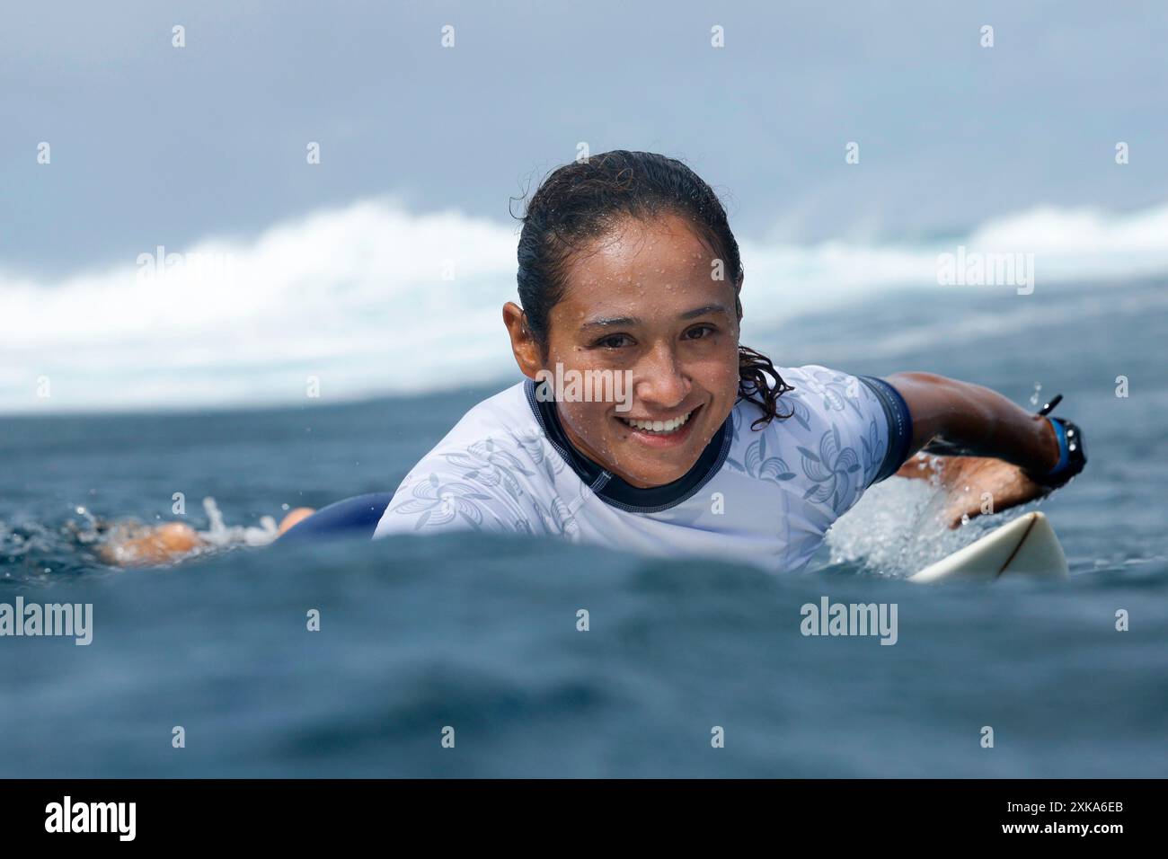 France's Vahine Fierro takes part in a surfing training session in ...
