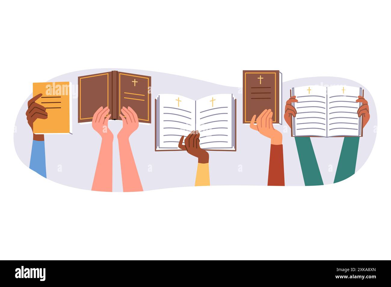 People hold bible and holy books from christian religious library ...