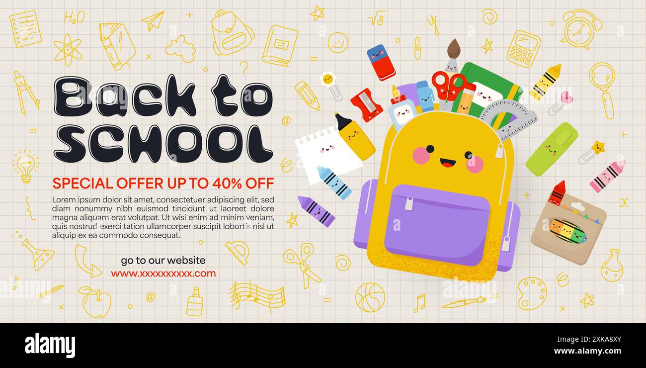 Back to School banner with school supplies. Flat vector Illustration in ...