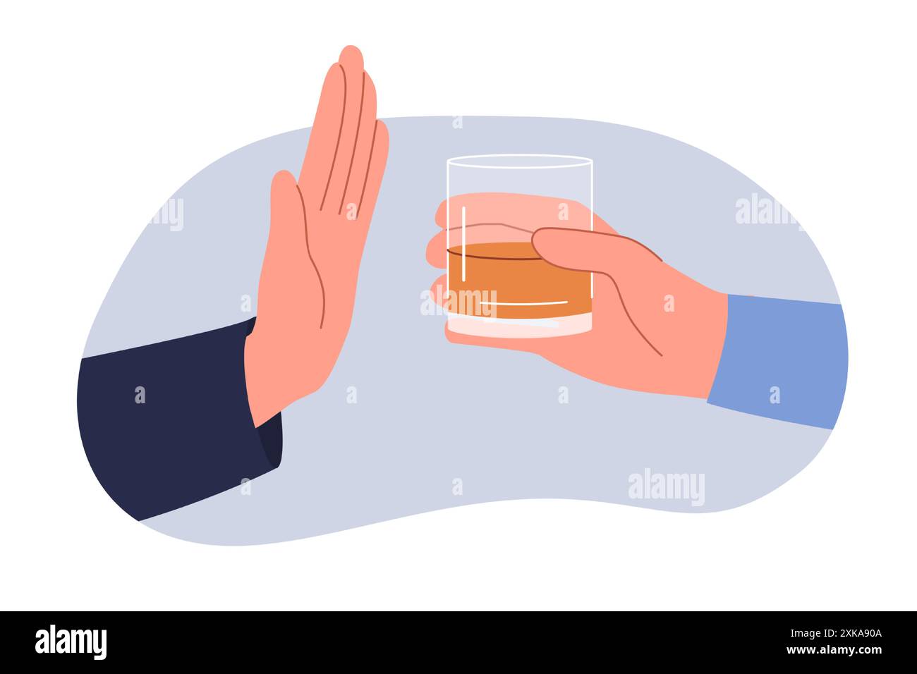 Refusal from alcohol is demonstrated by man hand, near glass of whiskey ...