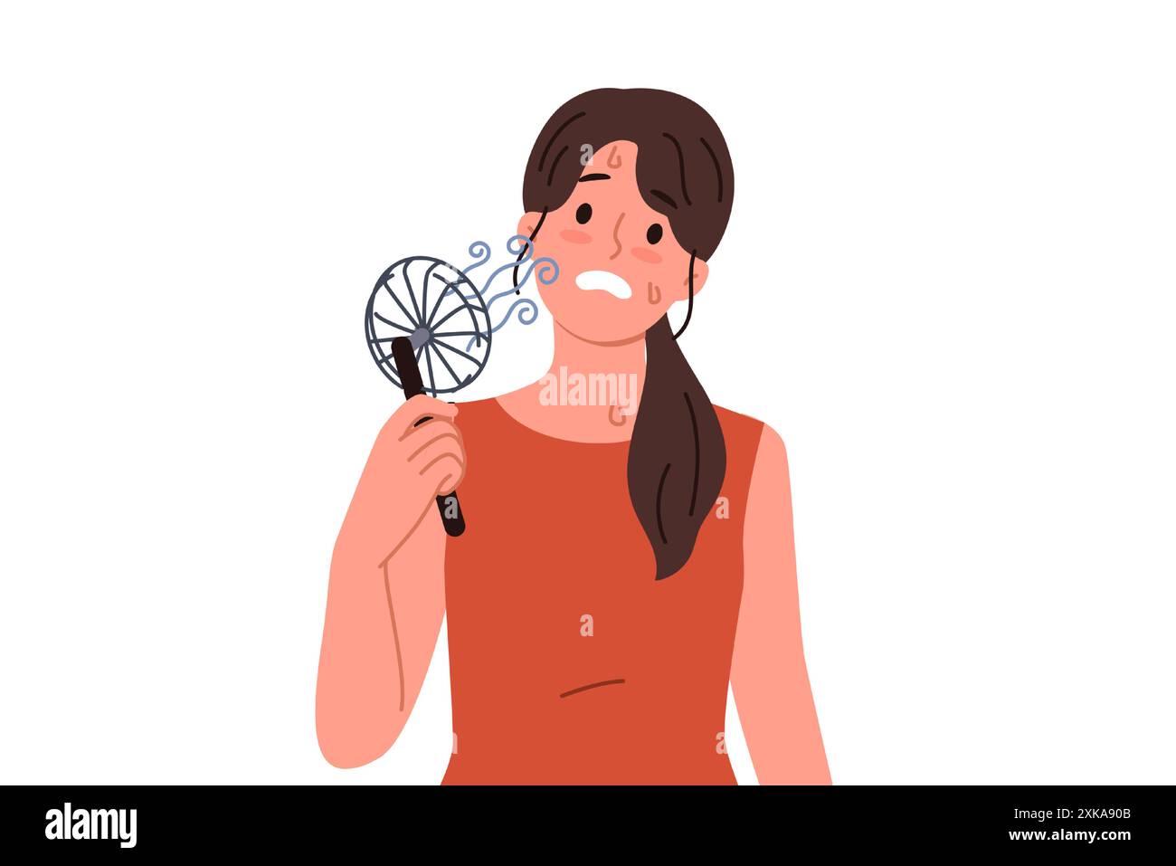 Woman uses electric fan to stop sweating and prevent exhaustion in hot ...