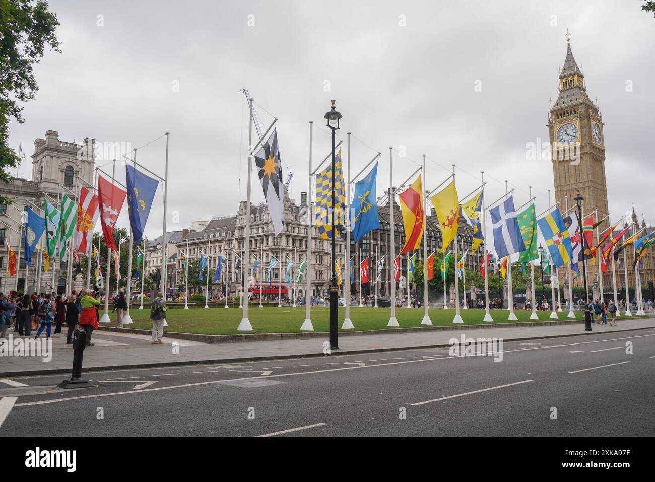 London, UK. 22 July 2024. 52 flags of historic counties are raised in ...
