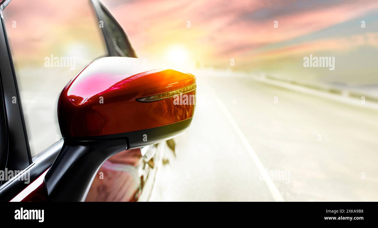 Car driving on road trip and sunset in evening , horizontal banner with ...