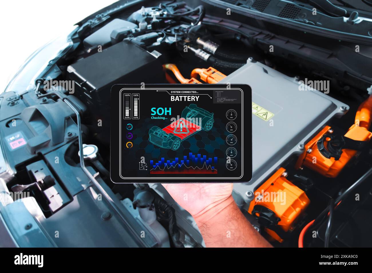 Car technician is checking SOH state of health of battery with a ...