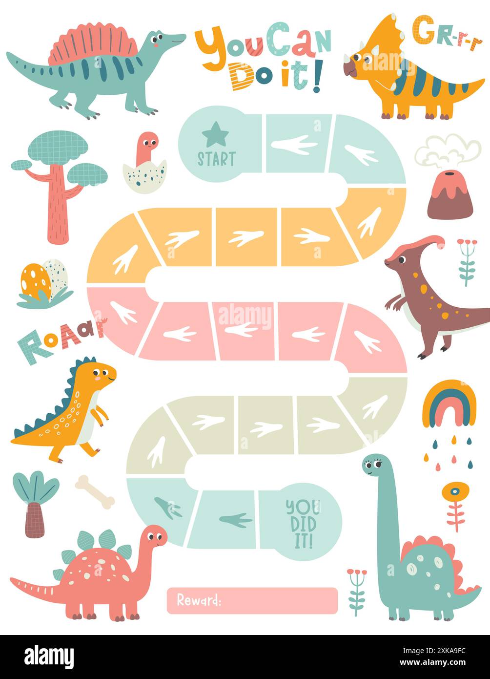 Dinosaur reward chart for girls and boys. Cute baby dino. Table of ...