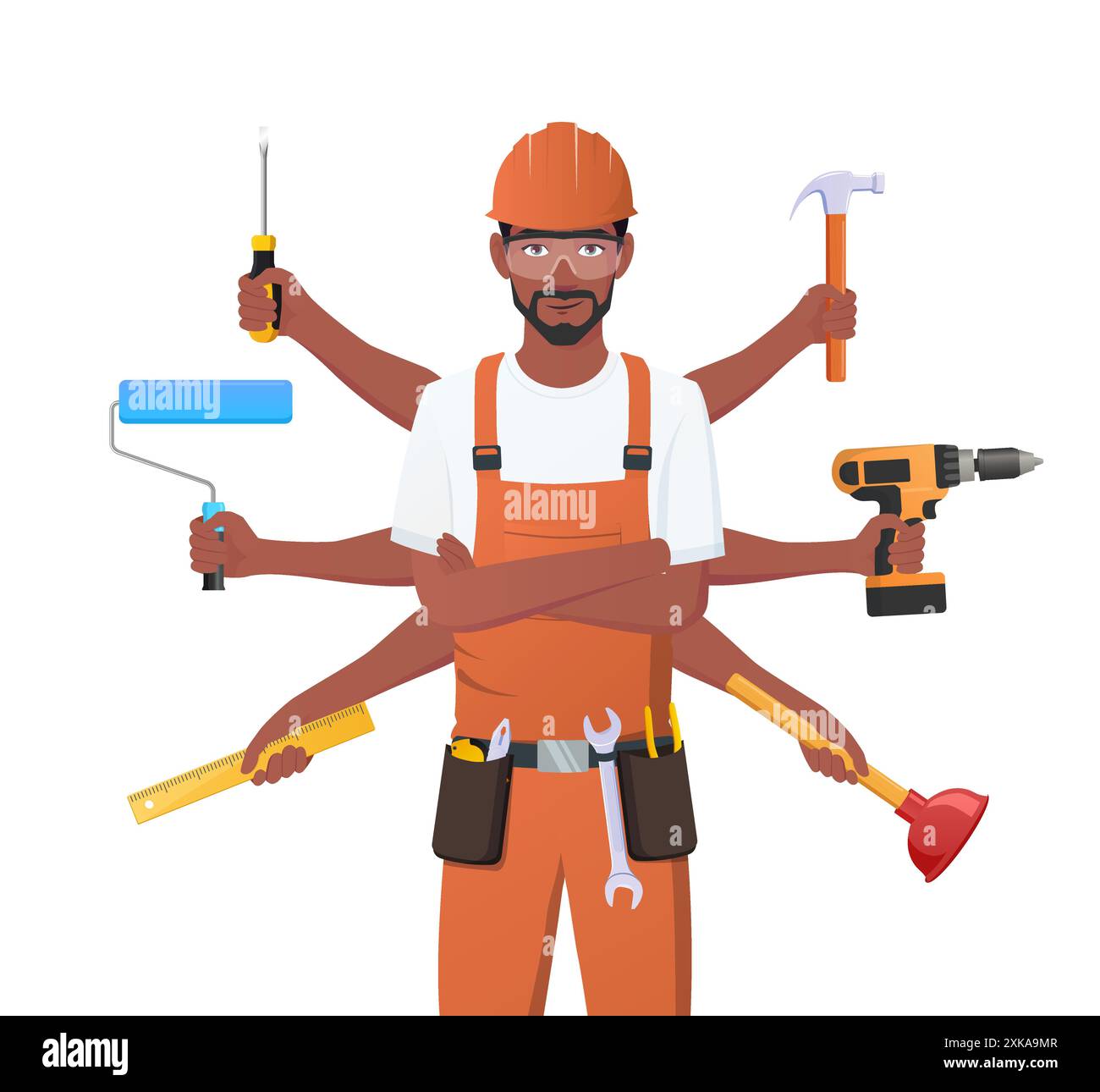 Black Handyman Character Holding Multiple tools, Electrician, Plumber ...