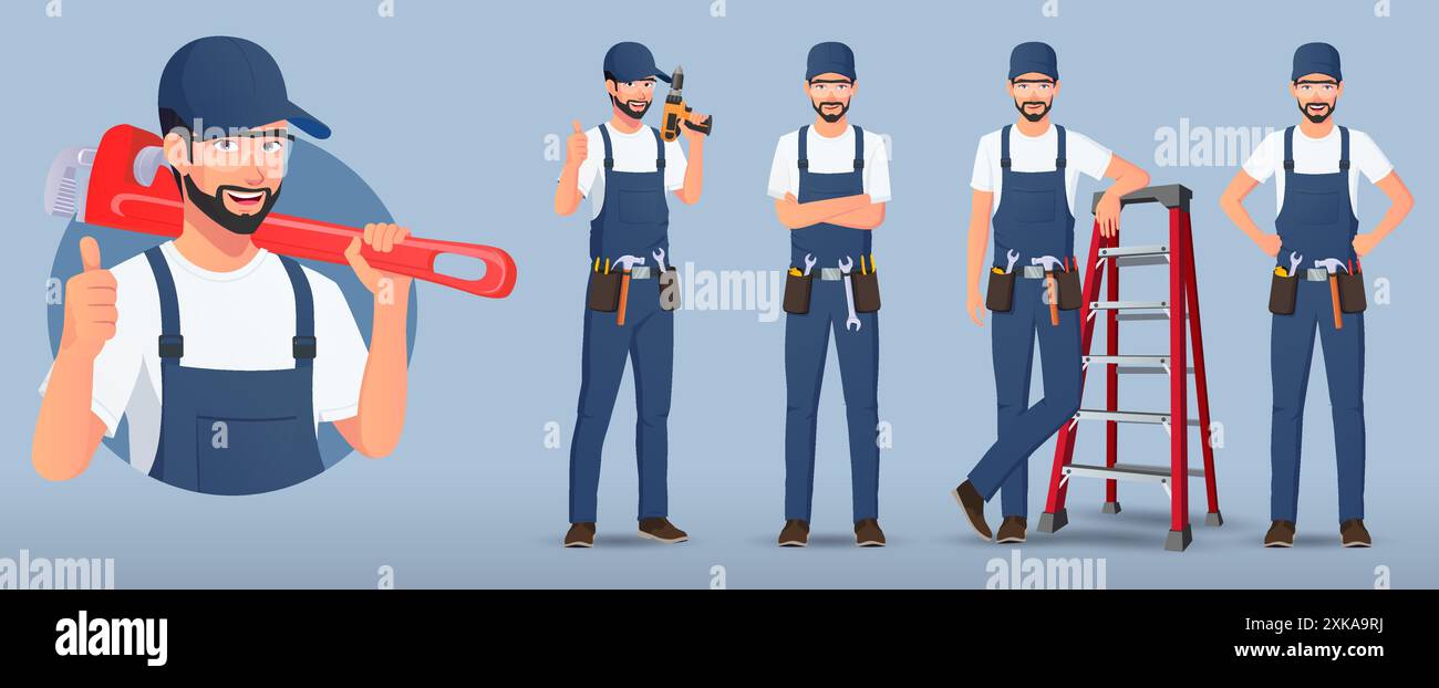 Handyman, Maintenance Engineer Character in Various Poses Vector ...