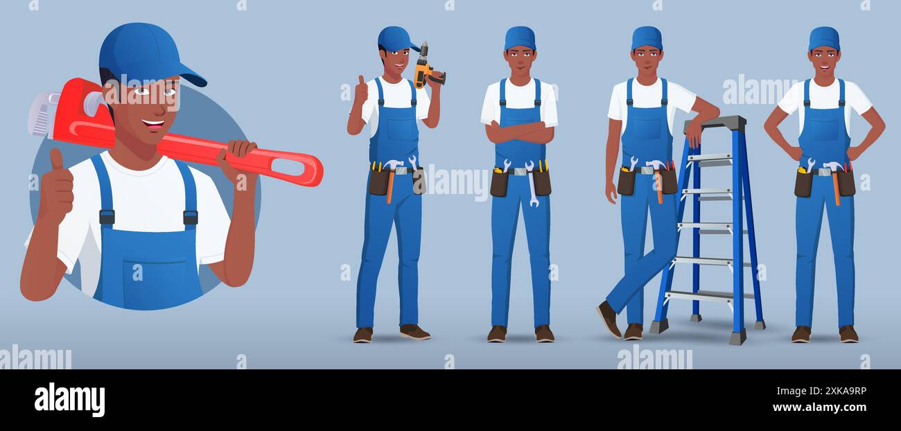 Black Handyman, Maintenance Engineer Character in Various Poses and ...