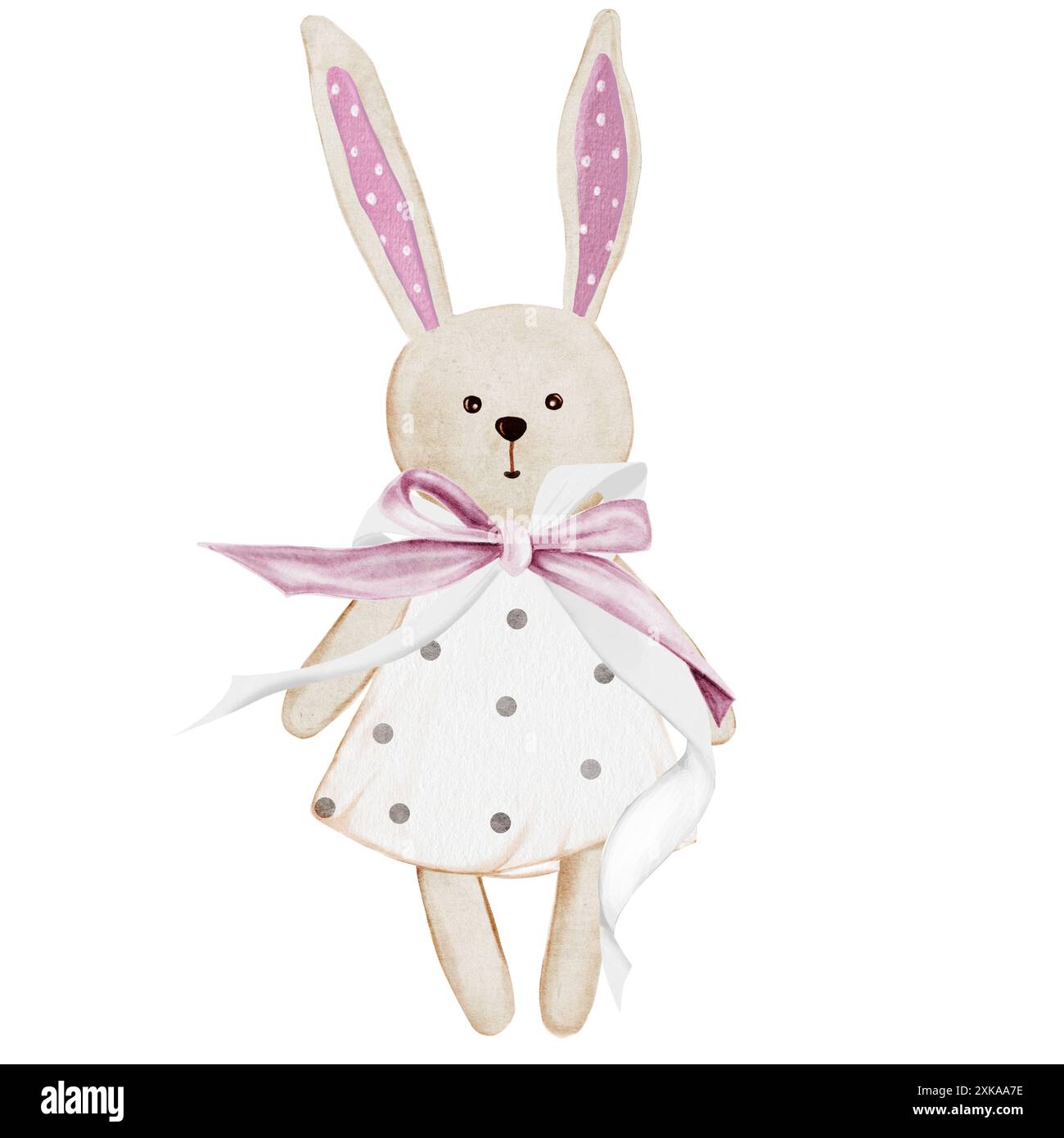 Bunny watercolor. Hand drawing of a cute retro toy rabbit in a dress ...