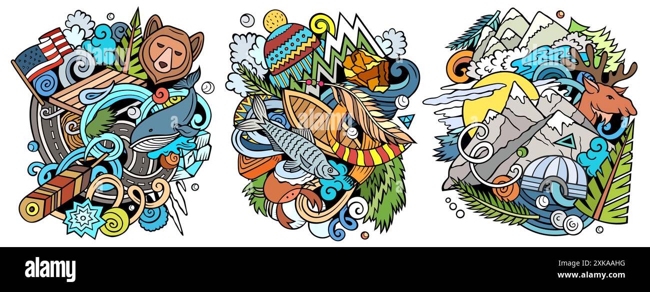 Alaska cartoon vector doodle designs set. Colorful detailed ...