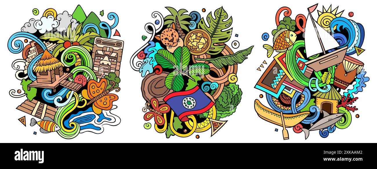 Belize cartoon vector doodle designs set. Colorful detailed ...