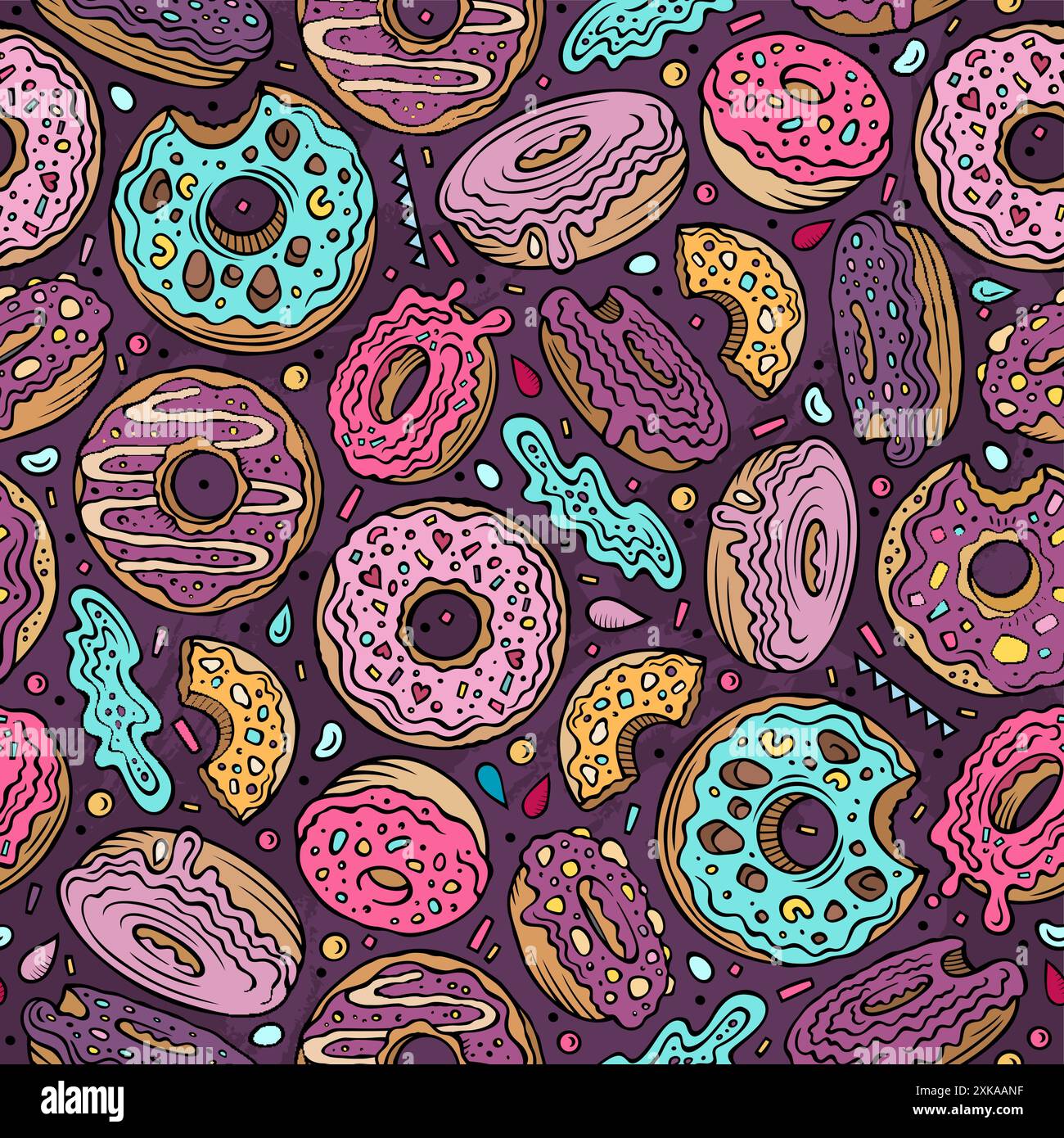 Cartoon cute doodles Donuts seamless pattern. Colorful detailed, with ...