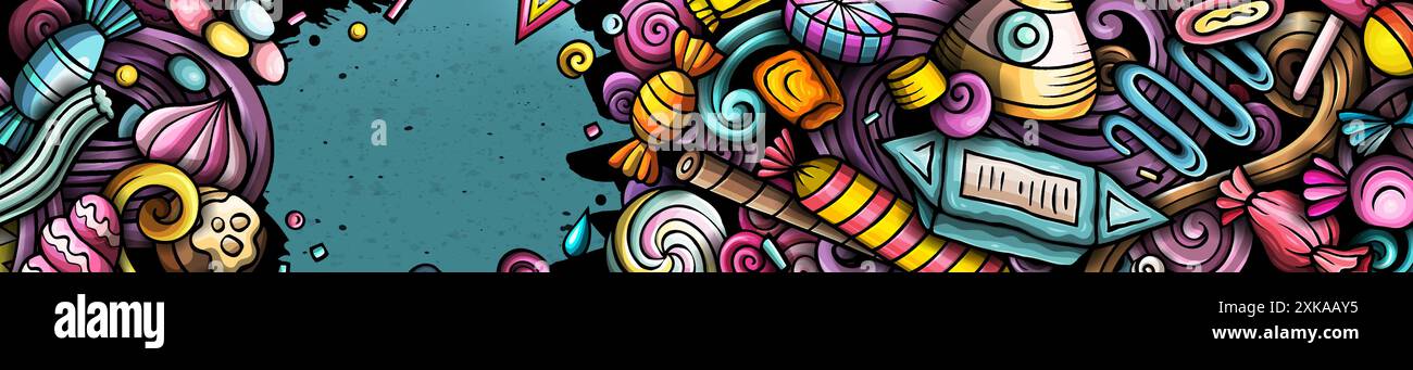 Cartoon vector doodle Candies banner template. Funny Sweet food ...