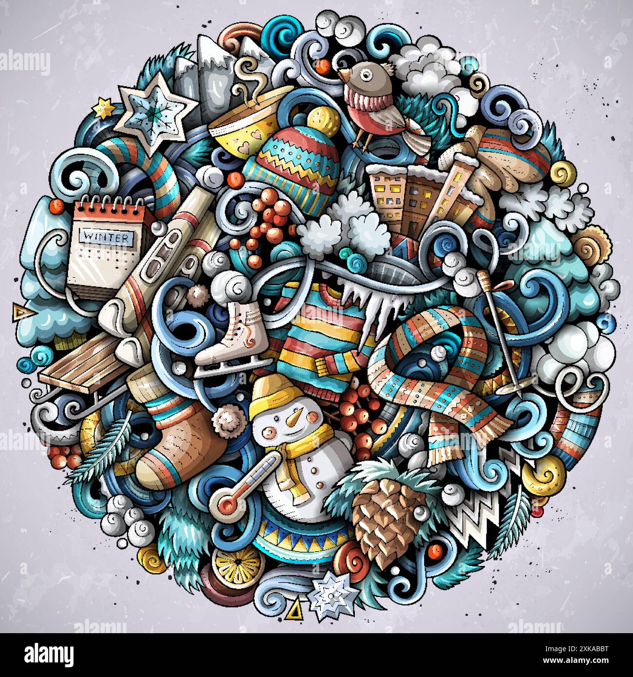 Cartoon vector doodles Winter illustration. Colorful, detailed, with ...
