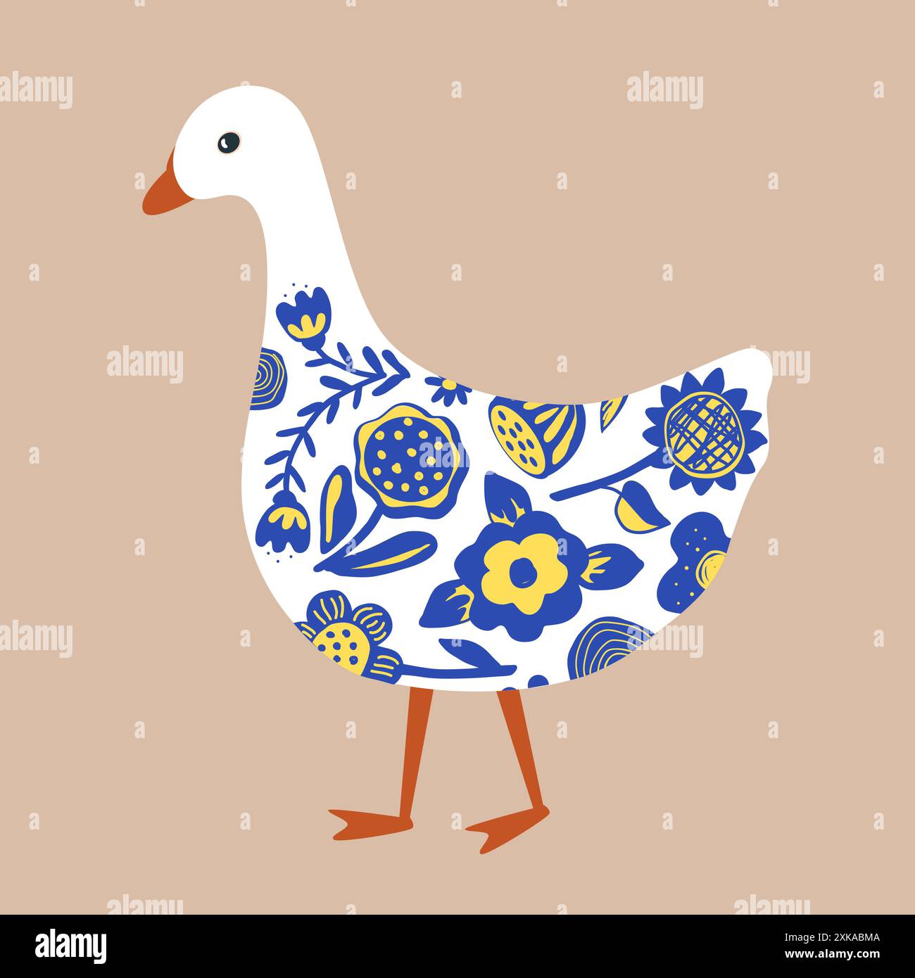 Abstract cartoon goose painted with flowers. Cartoon nursery, folk, or ...
