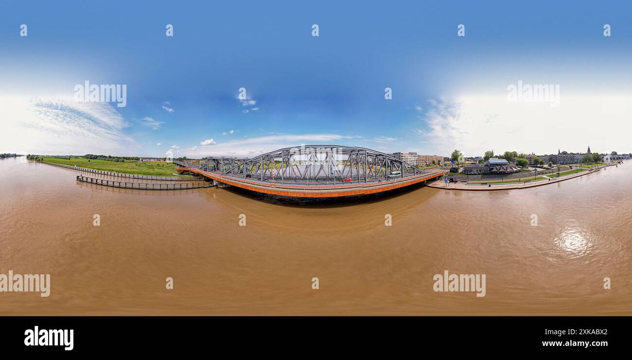Aerial 360 Degrees panorama of steel draw bridge for train and traffic ...
