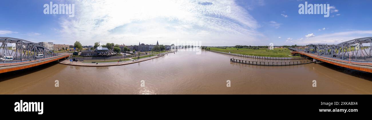 Aerial 360 Degrees panorama of steel draw bridge for train and traffic ...