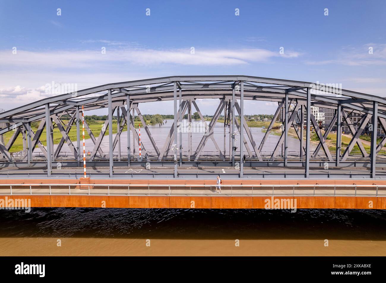 Aerial of steel draw bridge for train and traffic over the river IJssel ...