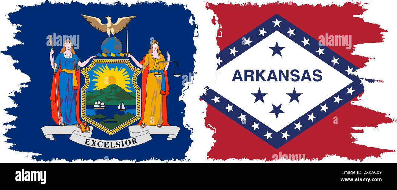Arkansas and New York states grunge brush flags connection, vector ...