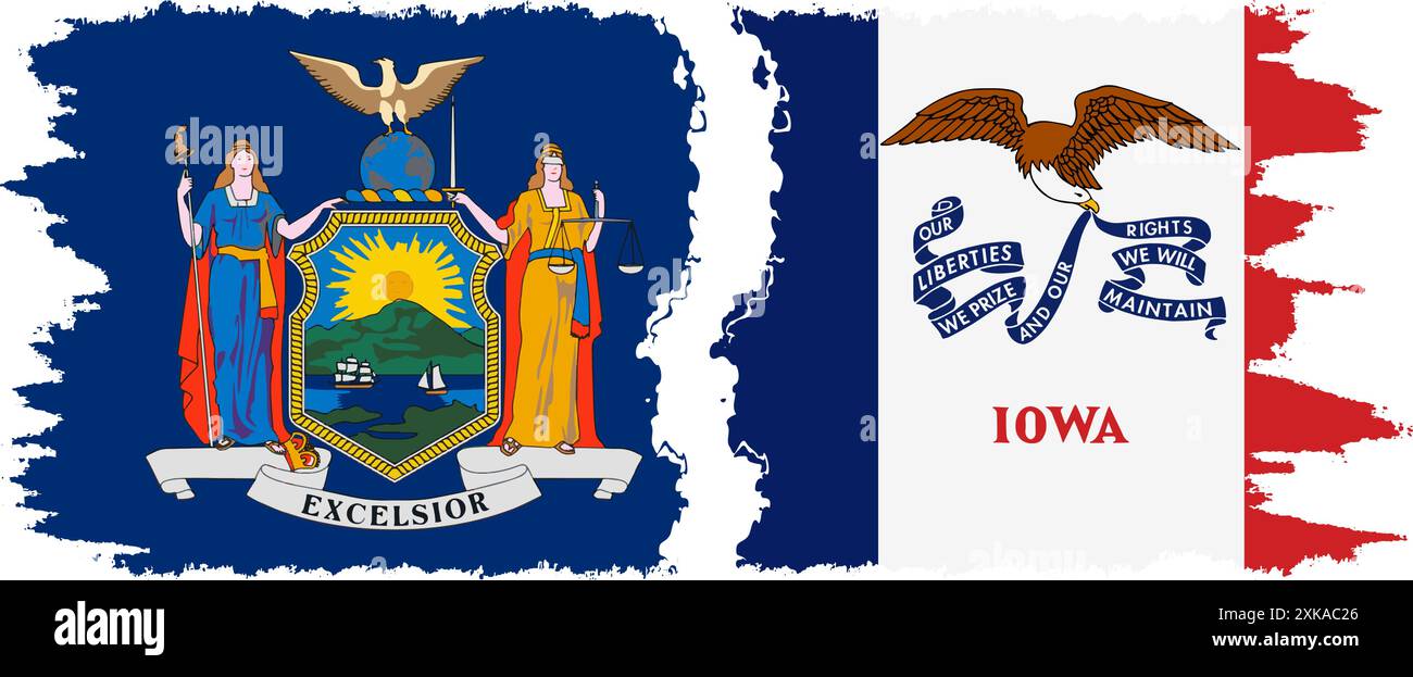 Iowa and New York states grunge brush flags connection, vector Stock ...