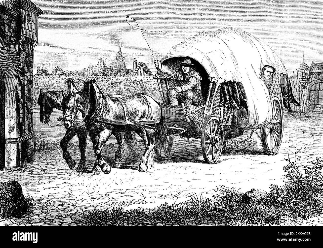 A leatherboot merchant on his horse-drawn carriage in the small town ...