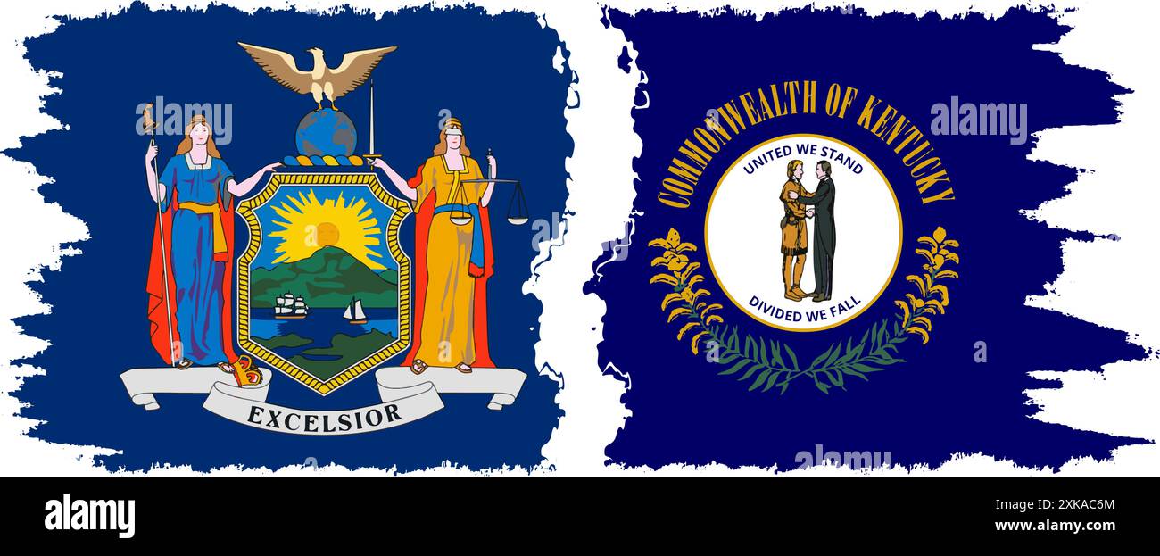 Kentucky and New York states grunge brush flags connection, vector ...