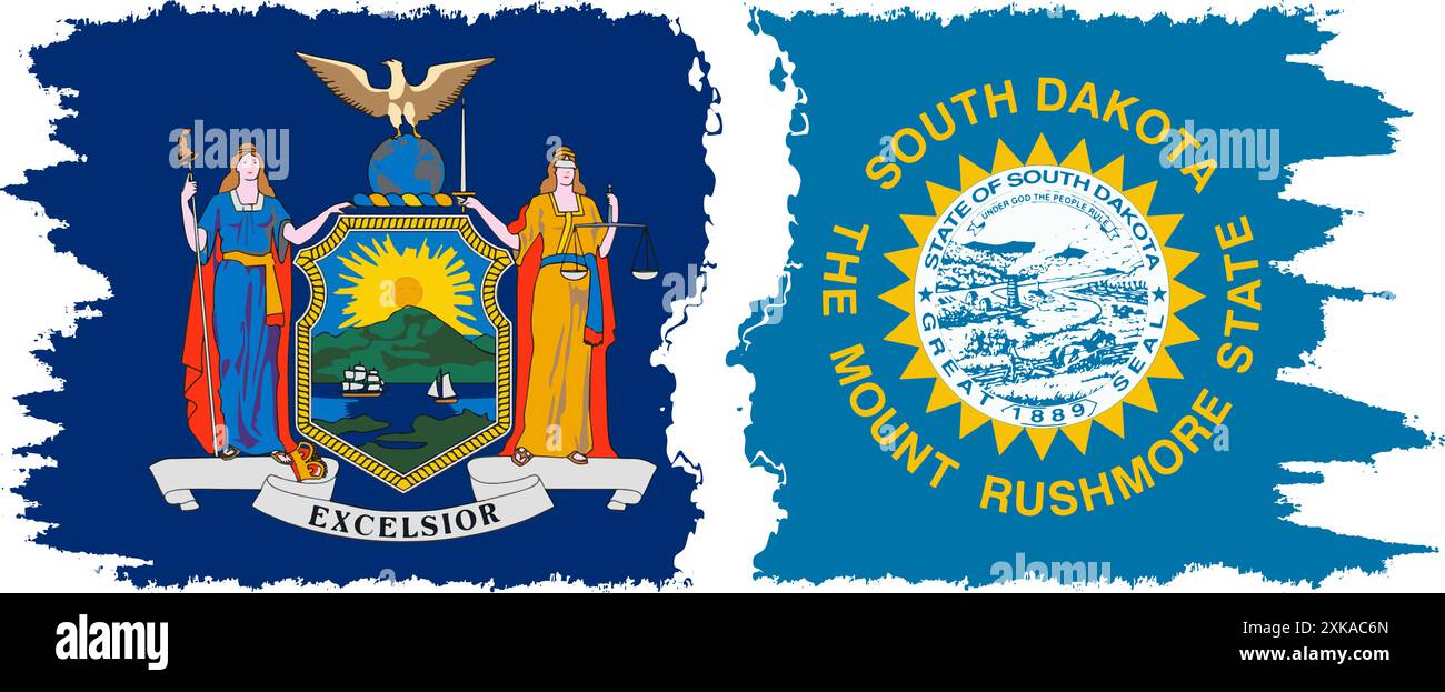 South Dakota and New York states grunge brush flags connection, vector ...