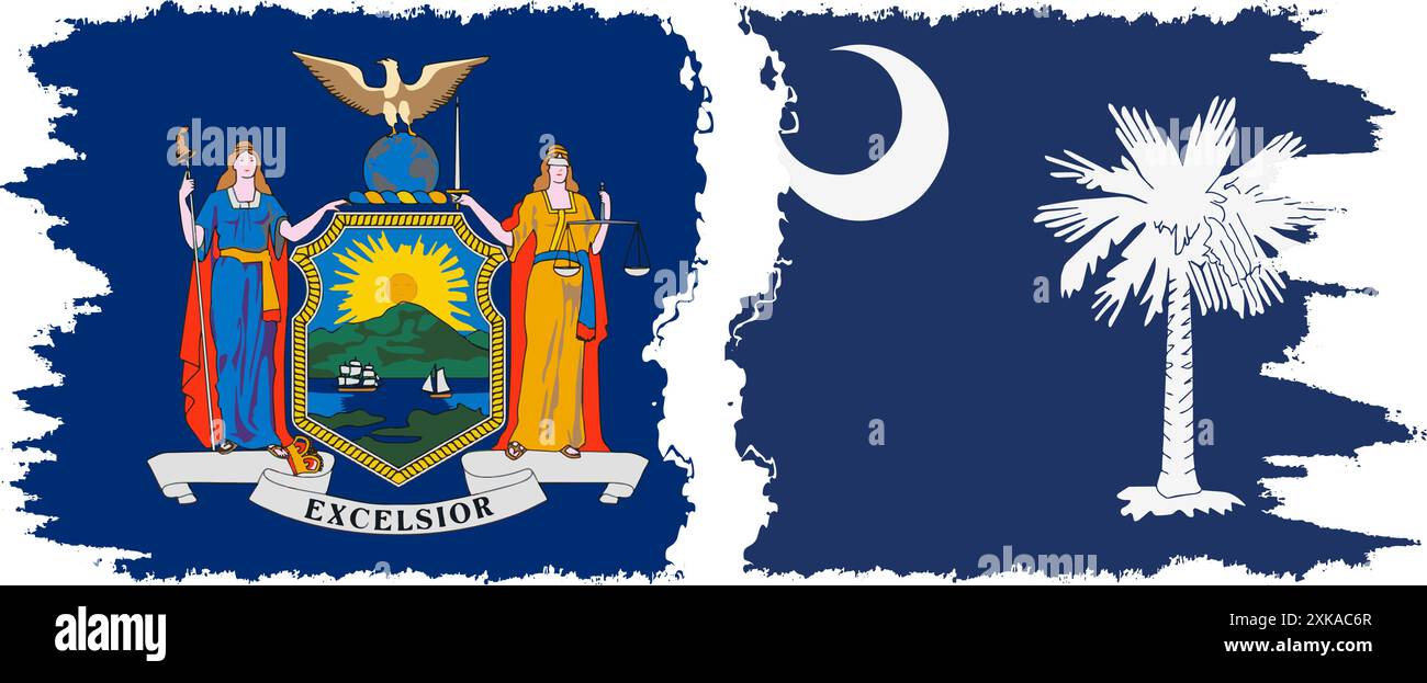 South Carolina and New York states grunge brush flags connection ...