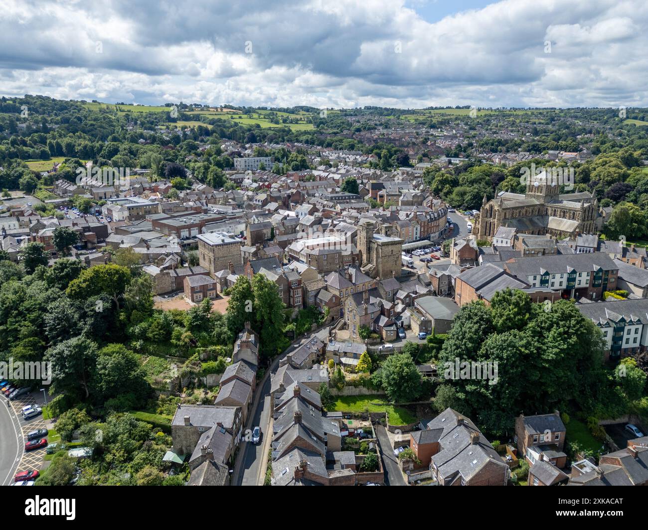 Aerial drone shot over Hexham, a market town in Northumberland ...