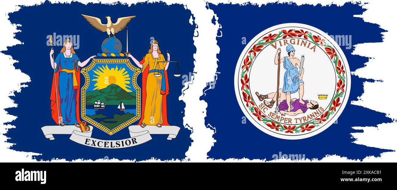 Virginia and New York states grunge brush flags connection, vector ...