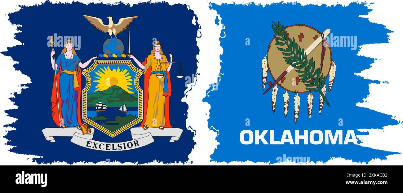 Oklahoma and New York states grunge brush flags connection, vector ...