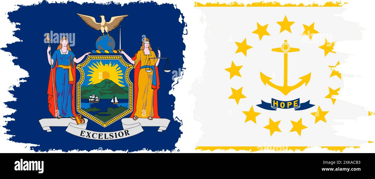 Rhode Island and New York states grunge brush flags connection, vector ...