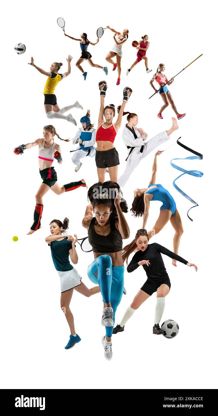 Vertical creative collage with multiple female athletes of various ...