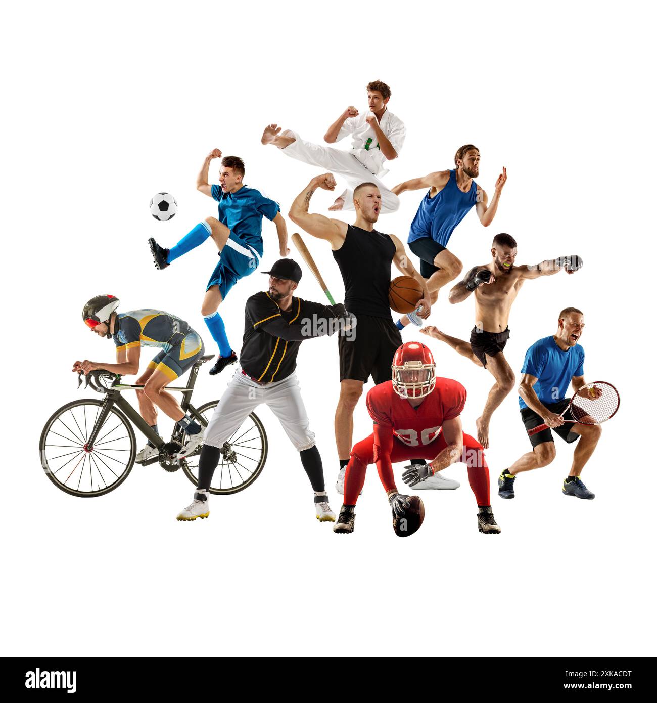 Collage with multiple male athletes of different sports showing skills ...
