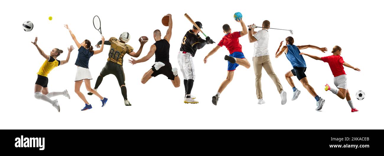 Back view collage. Male and female athletes of different sports in ...