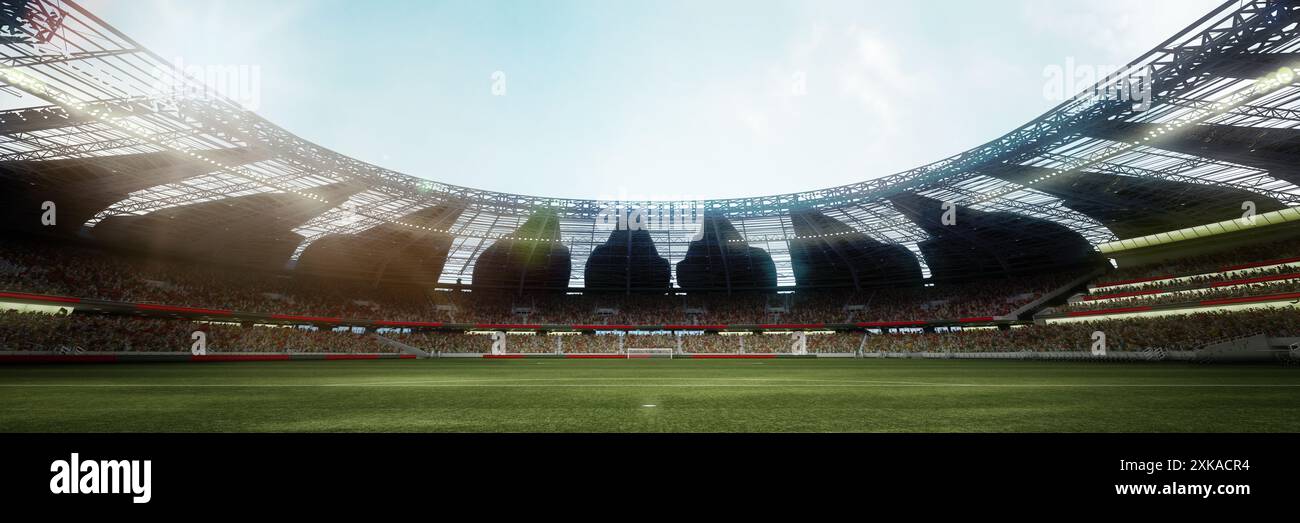 Wide angle view on empty soccer stadium and filled stands with sports ...