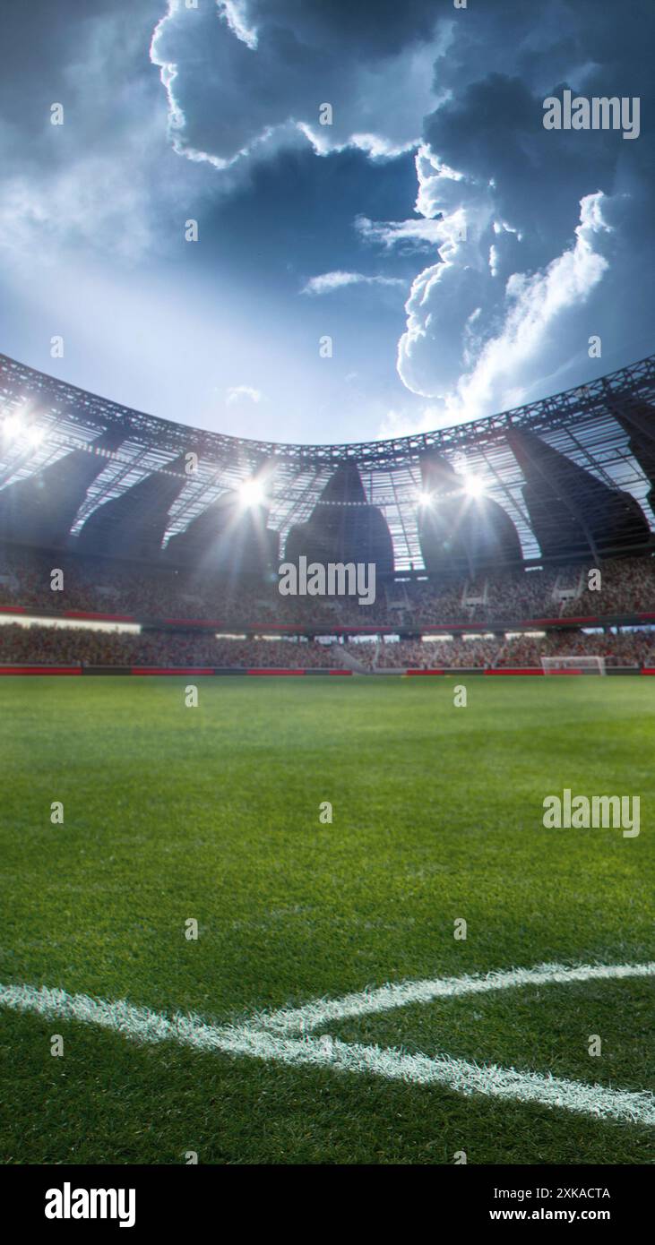 Vertical low angle image of empty soccer stadium and filled stands with ...