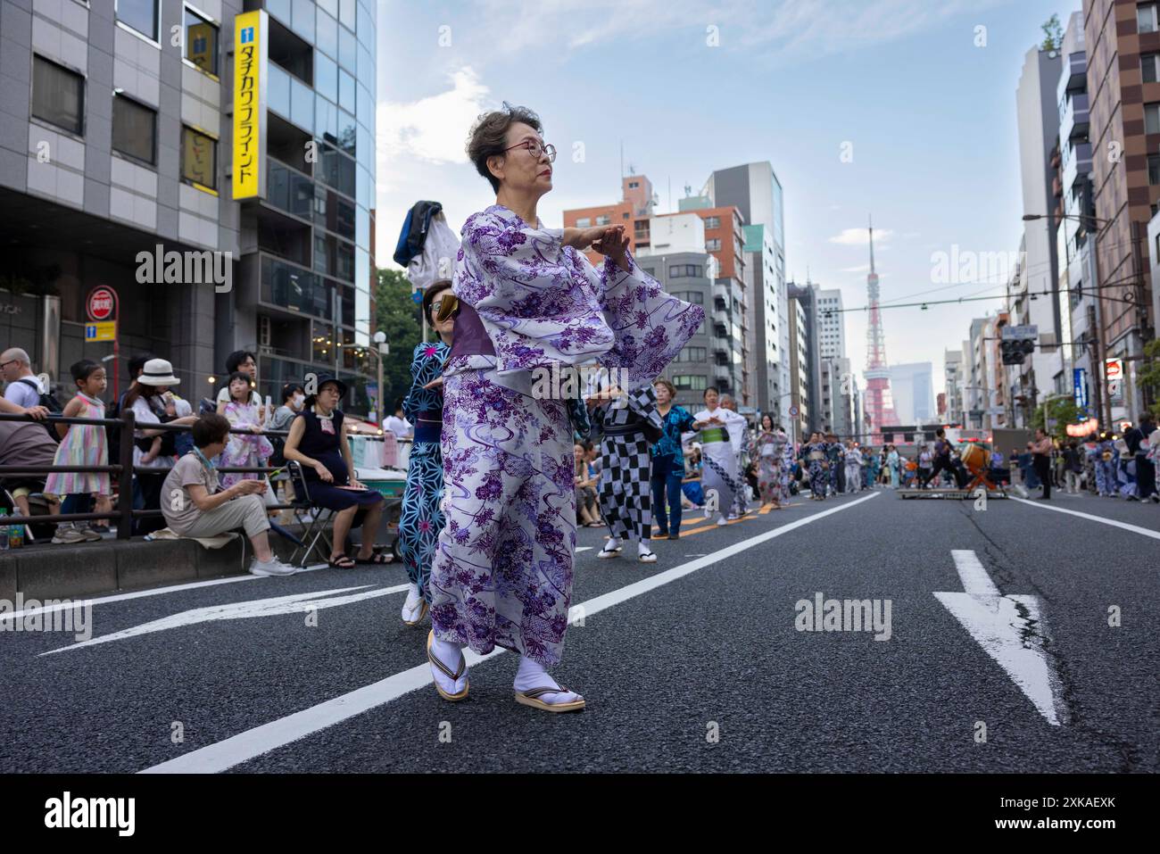 Tokyo, Japan. 20th July, 2024. Bon Odori dancers dressed in Yukata ...