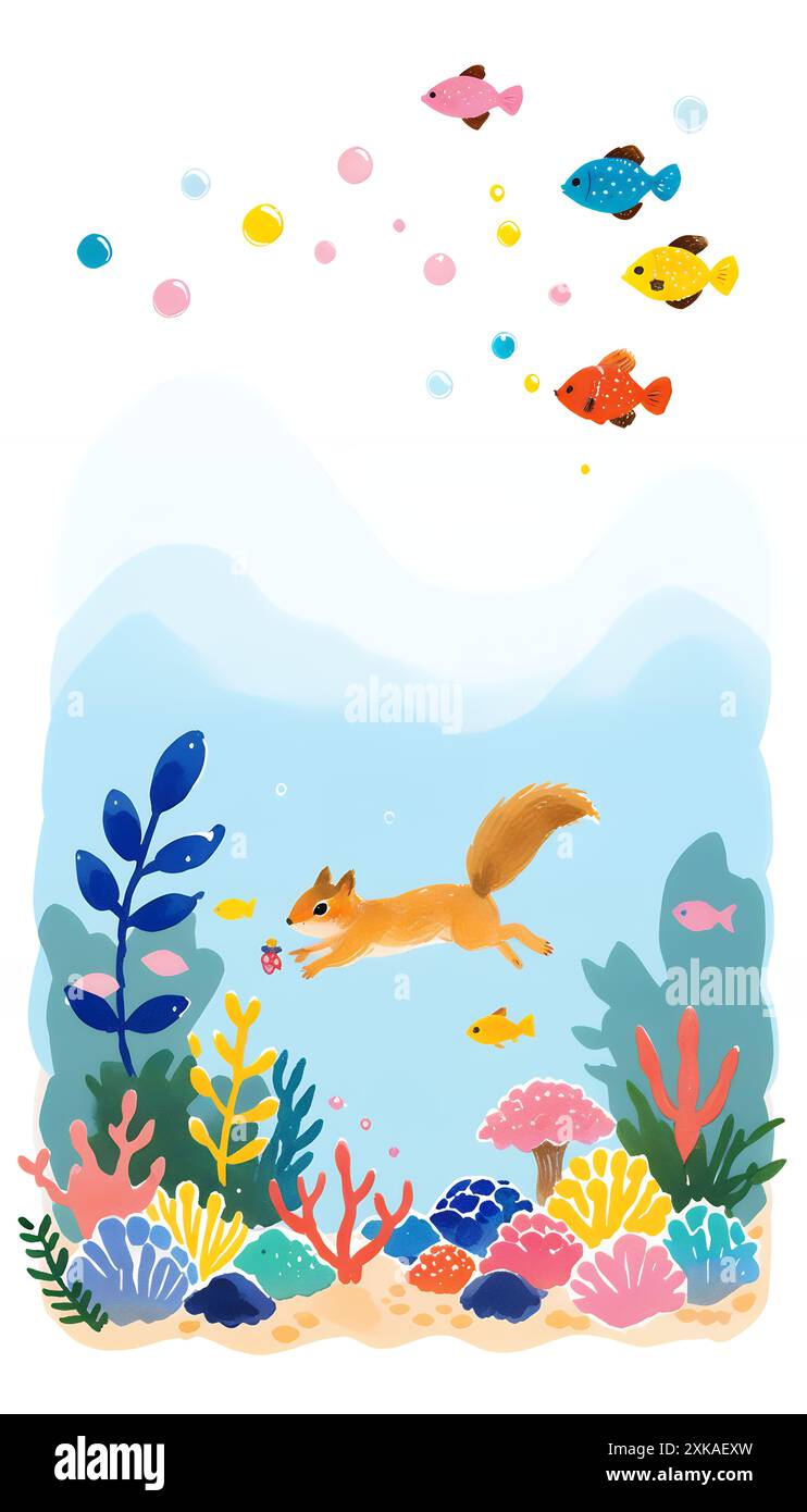 Fantastic underwater illustration of a squirrel playing with fish Stock ...
