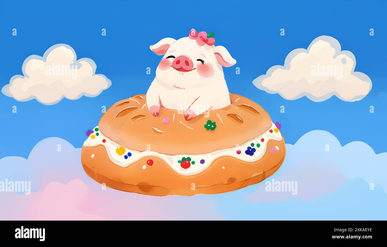 A happy cartoon pig sitting on a giant donut decorated with colorful ...