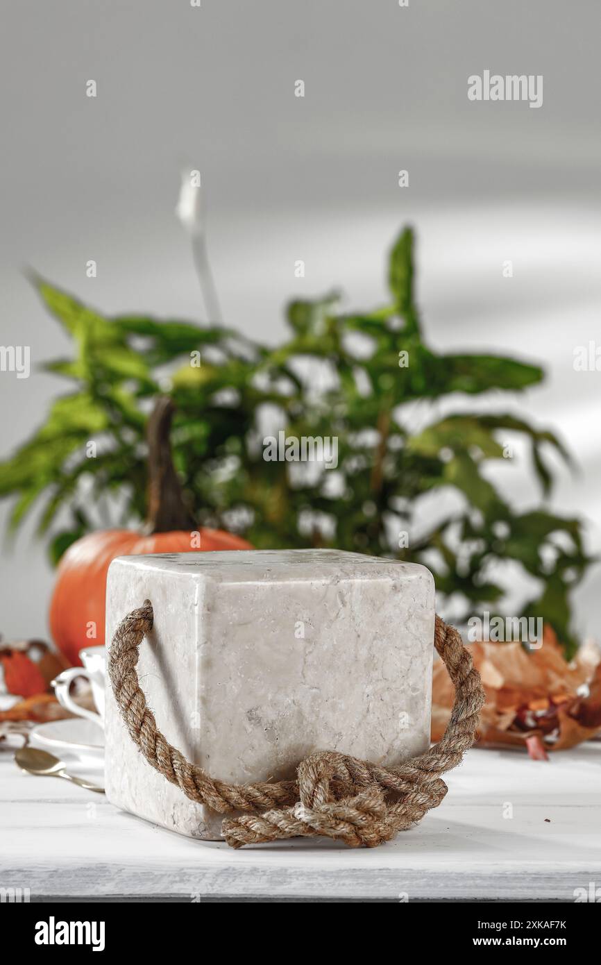 Marble stone cube stand pedestal with copy space for products and ...