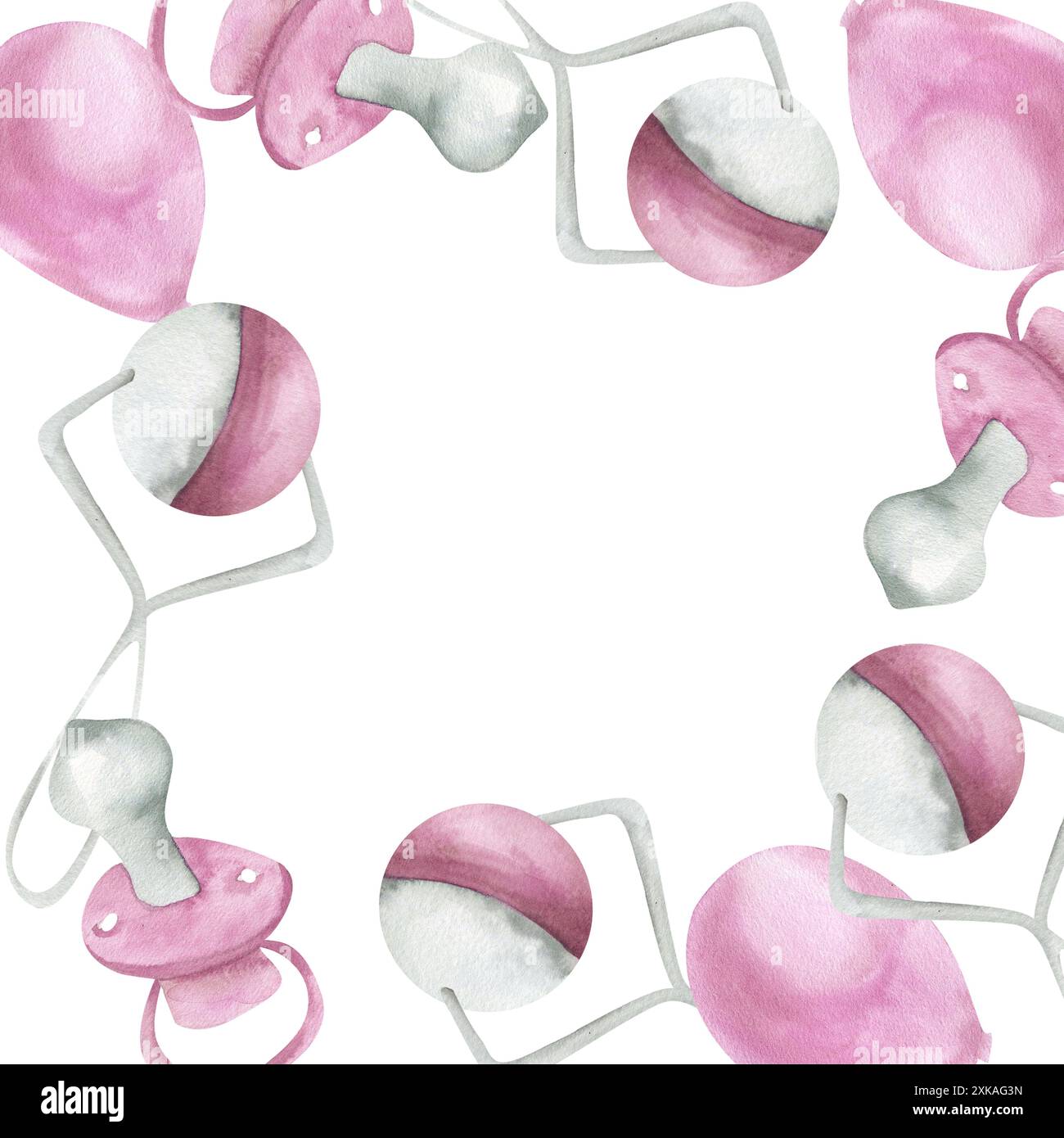 Watercolor baby girl birthday party frame with pink rattle, balloon ...