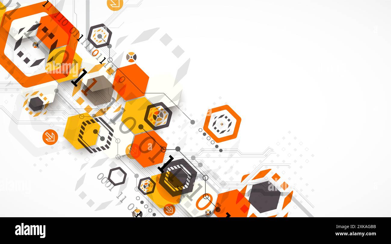 Abstract circuit board background with hexagons. Hi-tech digital technology concept. Hand drawn ...