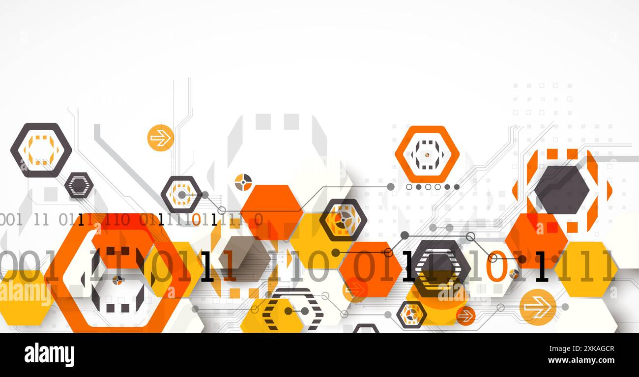 Abstract circuit board background with hexagons. Hi-tech digital technology concept. Hand drawn ...