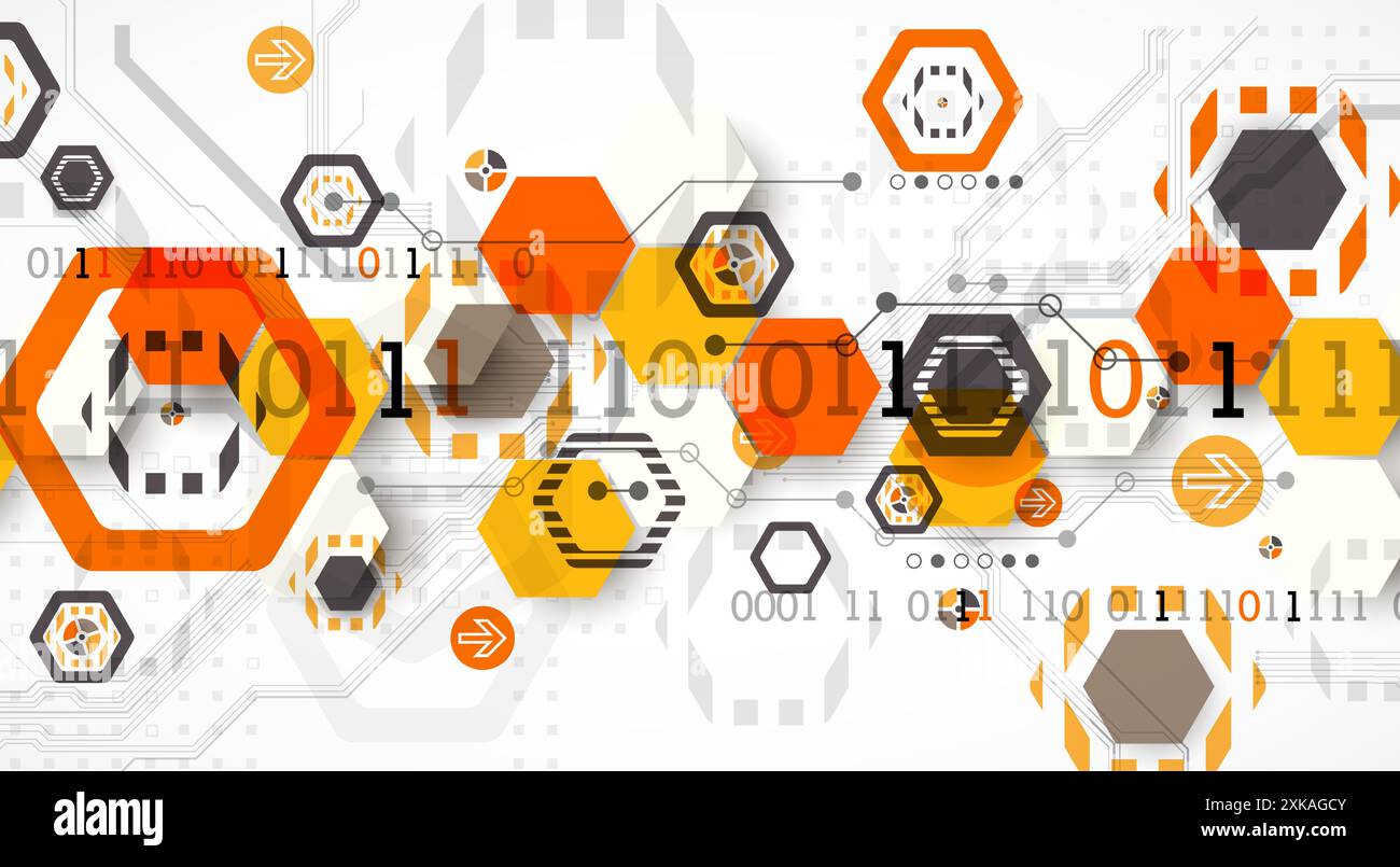 Abstract circuit board background with hexagons. Hi-tech digital technology concept. Hand drawn ...