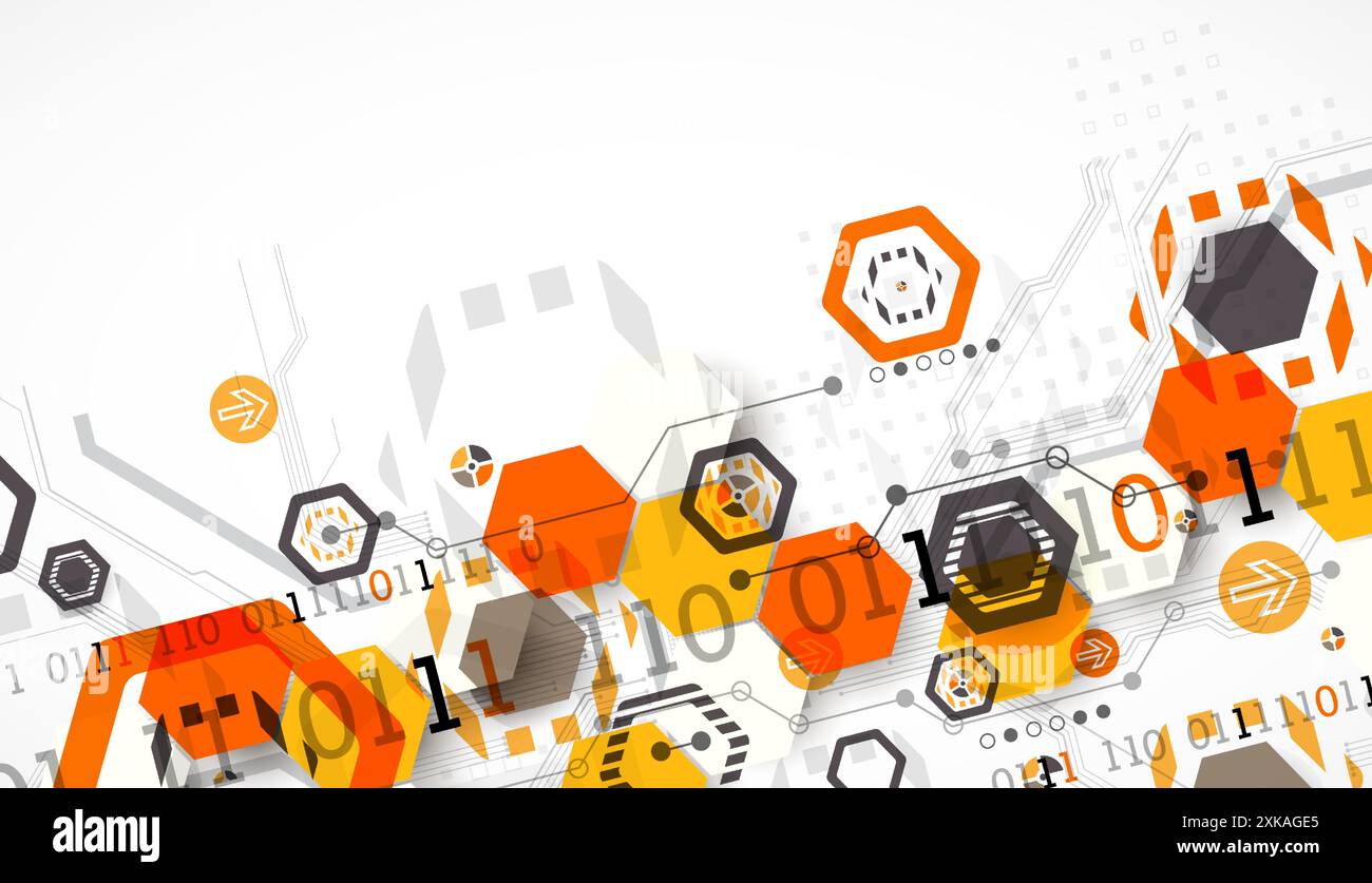 Abstract circuit board background with hexagons. Hi-tech digital technology concept. Hand drawn ...