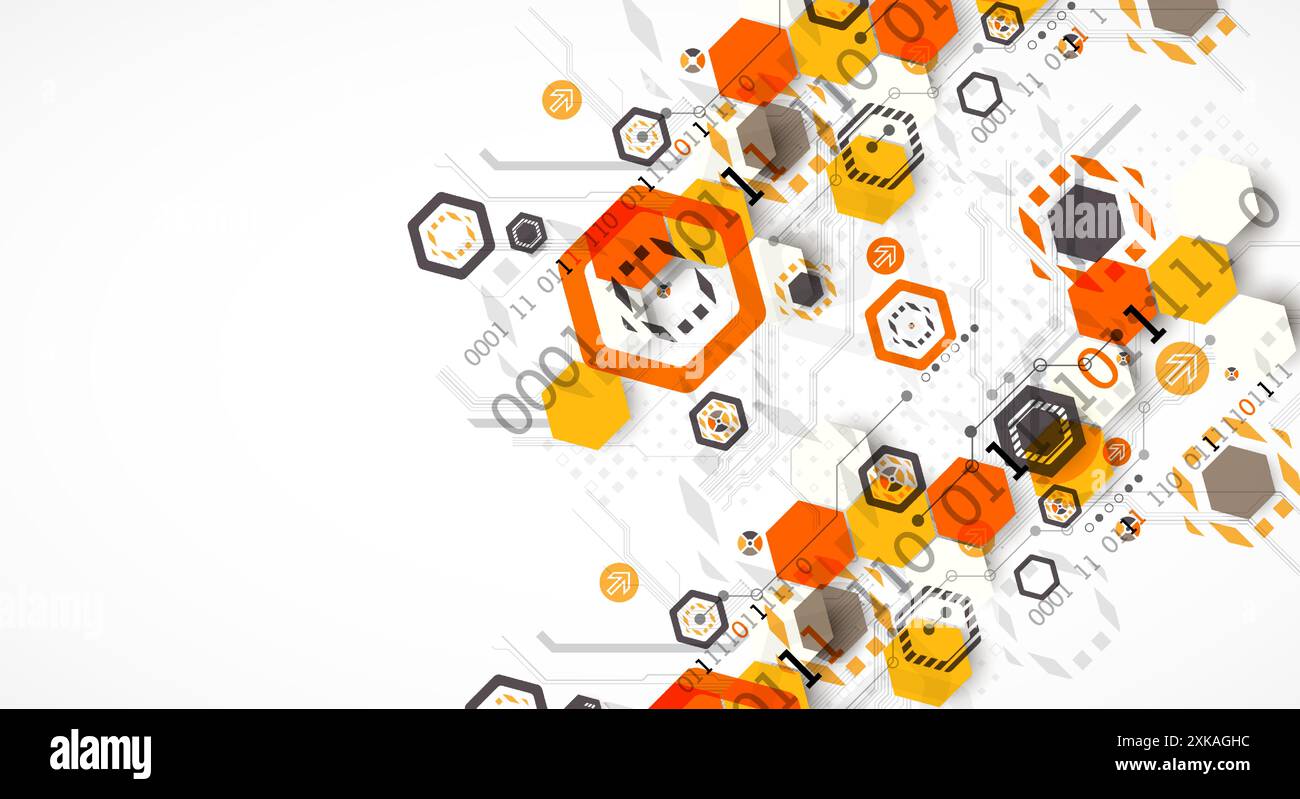 Abstract circuit board background with hexagons. Hi-tech digital technology concept. Hand drawn ...