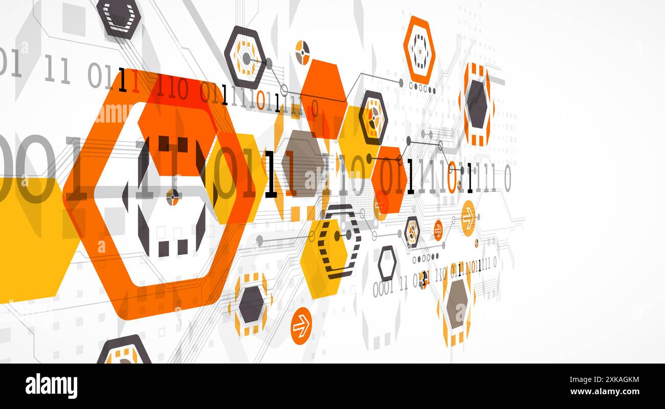 Abstract circuit board background with hexagons. Hi-tech digital technology concept. Hand drawn ...