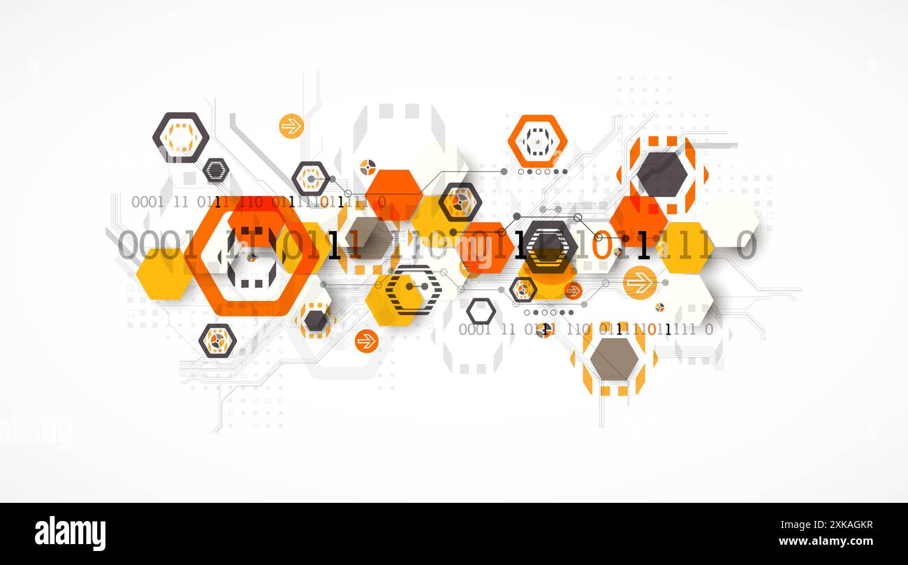 Abstract circuit board background with hexagons. Hi-tech digital technology concept. Hand drawn ...