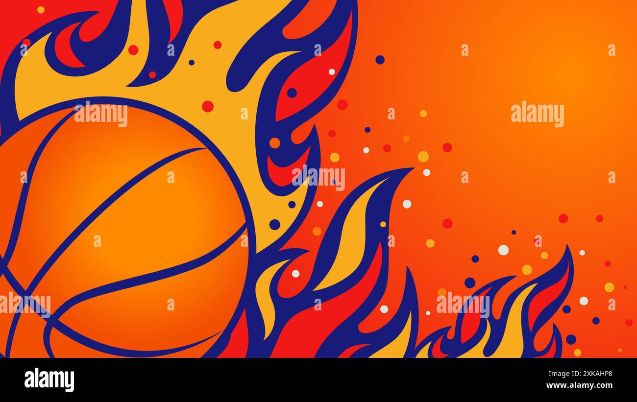 Basketball championship background design with sport ball in fire. Vector illustration flying ...